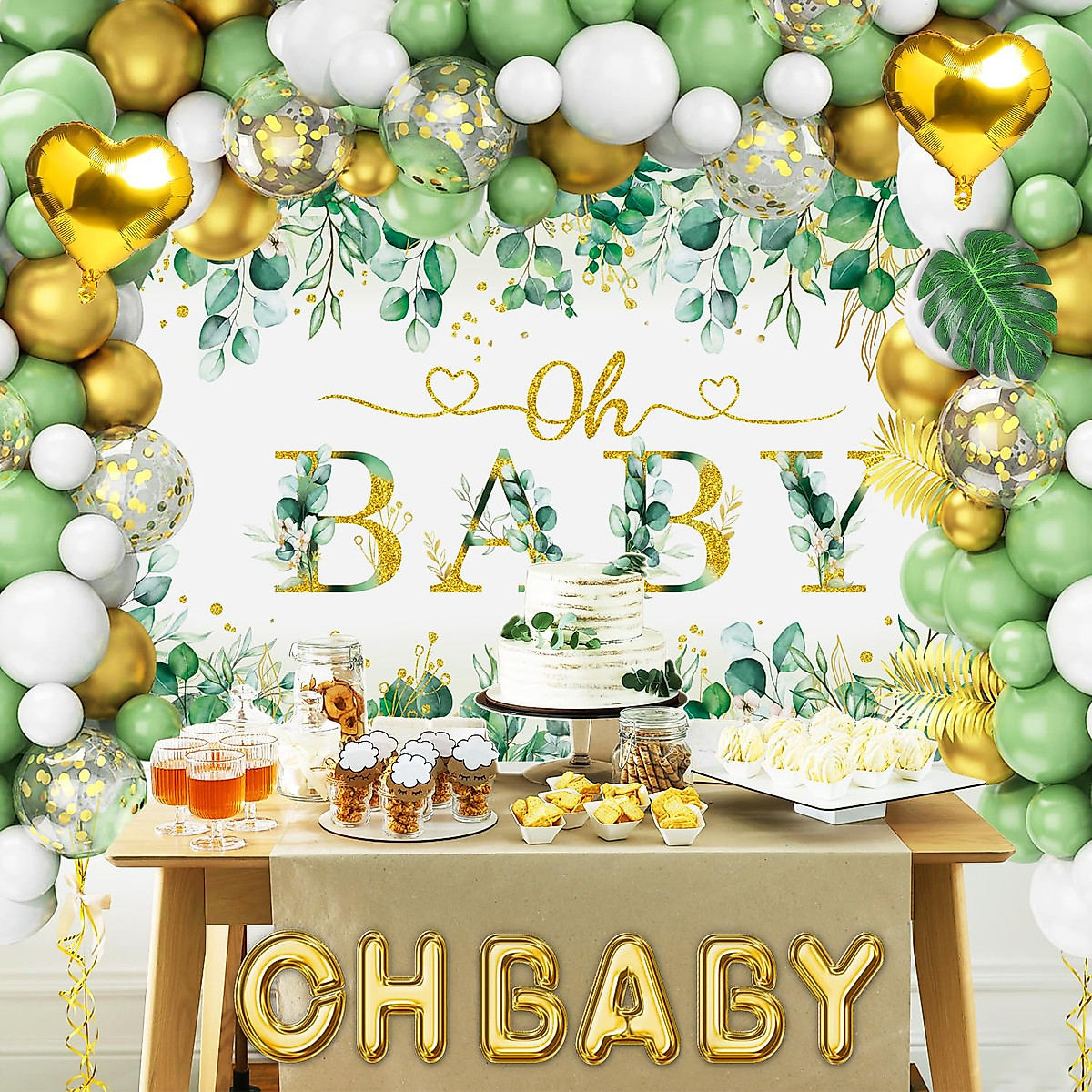 244 PCS Sage Green Baby Shower Decoration Set Includes Plates, Napkins, Cups, Cutlery, Oh Baby Backdrop Tablecloth Balloon Garland Kit for Boho Greency Neutral Party Supplies, 25 Guest