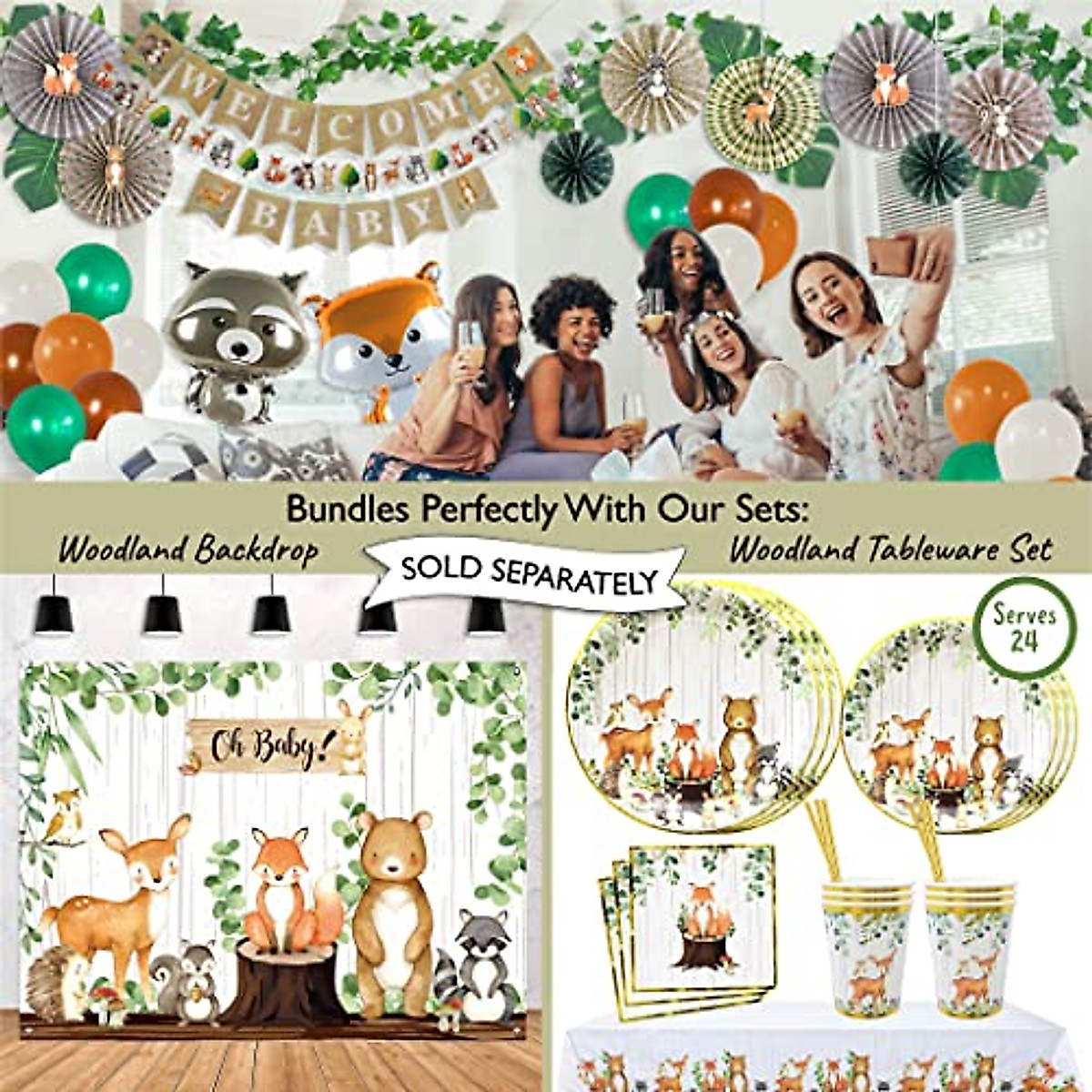 121Pc Woodland Creatures Theme Baby Shower Decorations, Birthday Party Supplies For Boy & Girl -Tablecloth, Paper Plates Napkins Straws & Cups of Forest Animal Friends Fox Deer Tableware Set Serves 24
