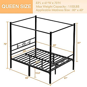 Pliwier Metal Canopy Platform Bed Frame, Queen Size Metal Bed Frame with Headboard, Heavy Duty Steel Slat Support, No Box Spring Needed, Easy Assembly (Queen (U.S. Standard))