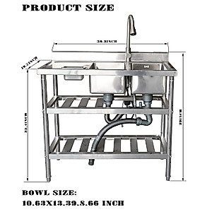 Qian Kun Industrial Grade Left-Hand Utility Sink Station with 304 Stainless Steel Double Bowl - 39.3x19.7x35.4Inch - NSF Certified - Ideal for Outdoor, Commercial, Garage, and Kitchen Use