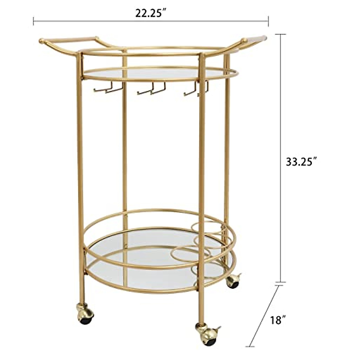 Round Gold Rolling Bar Cart with 2 Mirror Shelves, Wine Rack and Lockable Casters, Suitable for Home Kitchen, Club, Living Room, Thanksgiving, Christmas, New Year, 22"X18"X33"