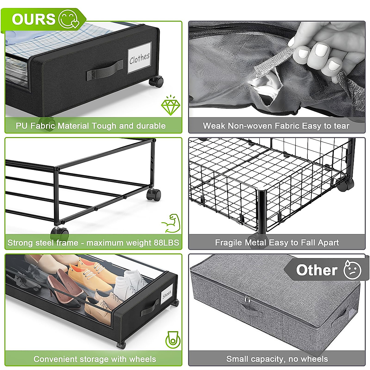 Beborxue Under Bed Storage with Wheels, 2-Pack Under Bed Storage Containers with Clear Lids, XXL 60L Under the bed storage Organizer Bins, Rolling Under Bed Metal Drawer for Clothes,Shoes,Toys (Black)