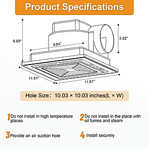 yanliangvich Bathroom Exhaust Fan, 10 Inch Ceiling Mount Fan, 110 CFM 1.0 Sones Ultra-Quiet Ventilation Fan, Square Exhaust Fan Ceiling Mount