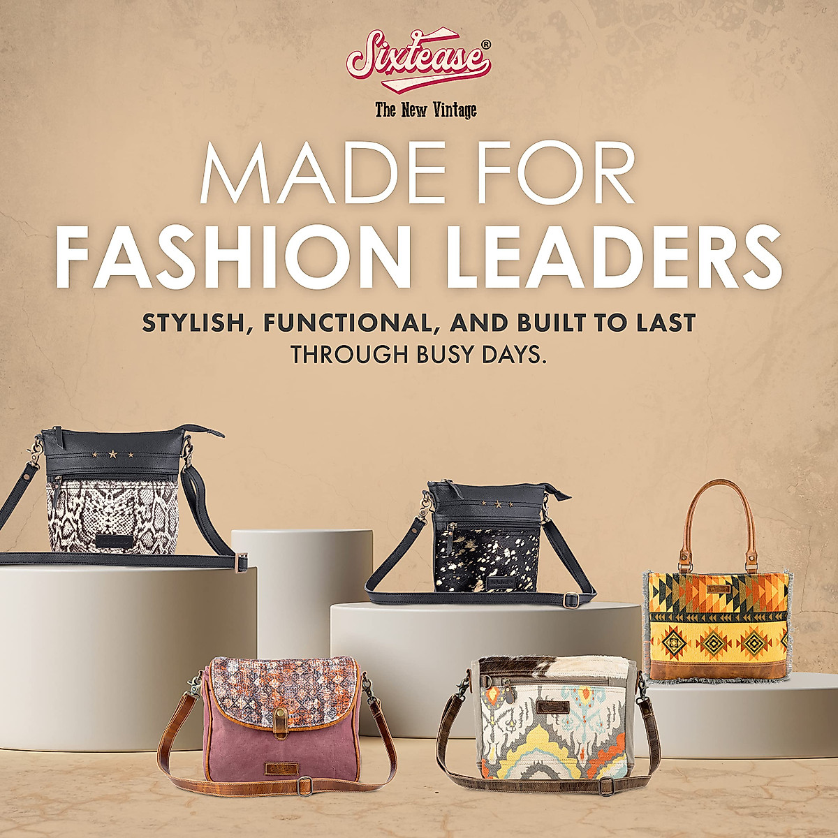 SIXTEASE Crossbody Bag for Women Vintage Style Genuine Leather, Upcycled Canvas, Rug, or Hair On - Cross Body Womens Bags with Inside Zipper Pockets - Black