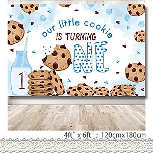 Rcoaror Our Little Cookie is Turning One Backdrop Cookies and Milk 1st Birthday Party Background Blue White Little One Boys Decorations First Birthday Banner Props 71X47inch