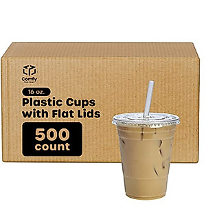 Comfy Package [Bulk Case of 5/100 Sets] 16 oz. Crystal Clear Plastic Cups With Flat Lids
