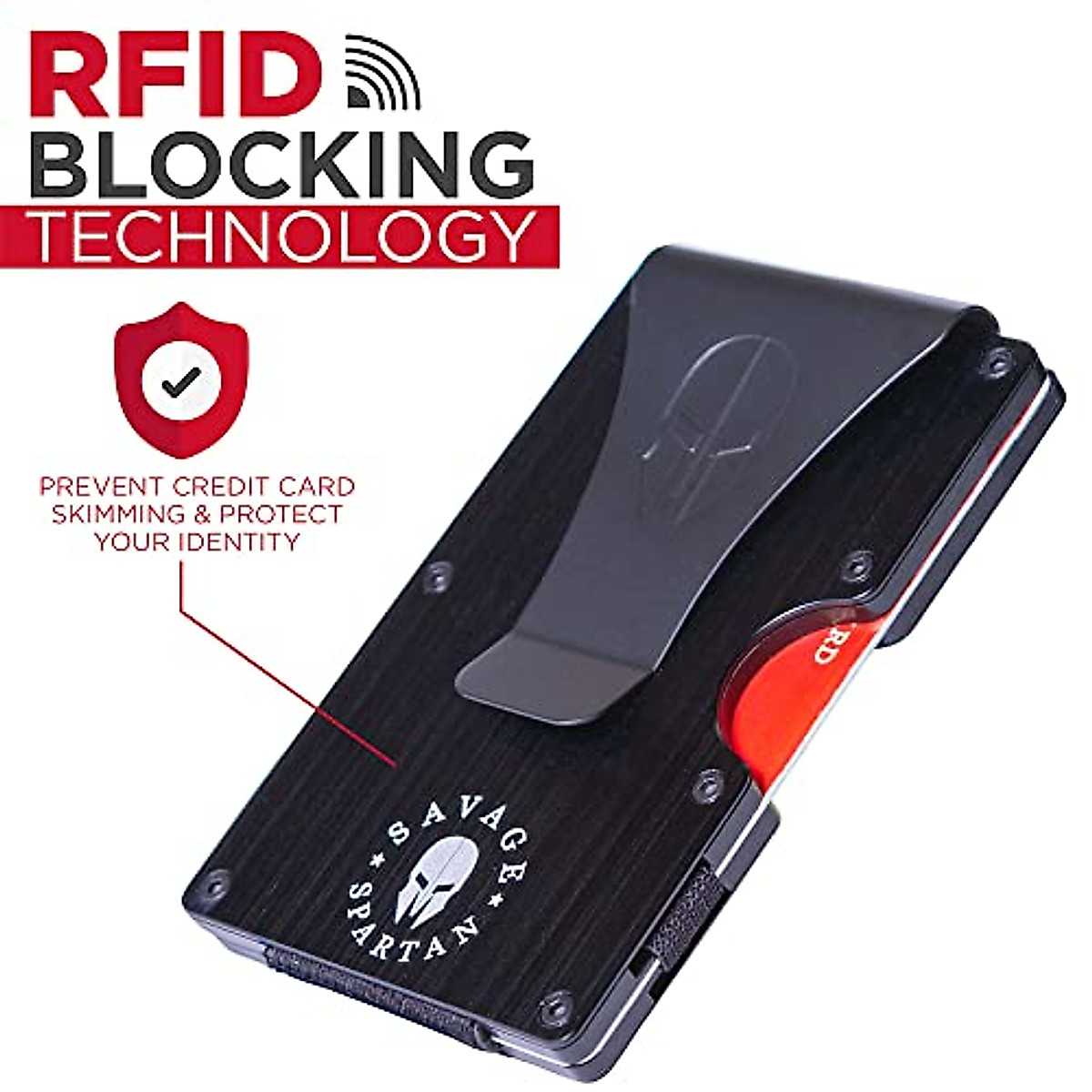 SAVAGE SPARTAN Tactical Wallet | Slim Minimalist RFID Blocking Aluminum Metal Credit Card Holder With Money Clip for Men (Black)