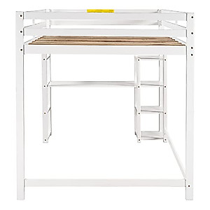 MOEO Full Size Loft Bed with Desk and Shelves, Wooden Style Bedframe for Kids, Adults, Teens,No Box Spring Needed, White