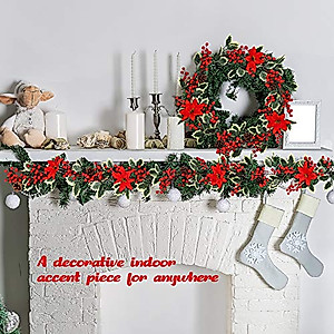 Mocoosy 6.3FT Red Berry Christmas Garland with Pine Cones and Poinsettia, Artificial Berries Garland Poinsettia Christmas Decorations for Indoor Outdoor Fireplace Winter Holiday Xmas Home Decor