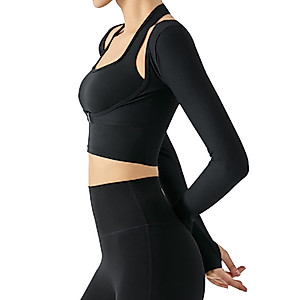 Long Sleeve Halter Crop Top for Women Cutout Sports Shrug Shirt Stretch Slim Fit Workout Tshirt Gym Yoga Tank Top Thumb Hole Running Training Crop Sport Bra Black