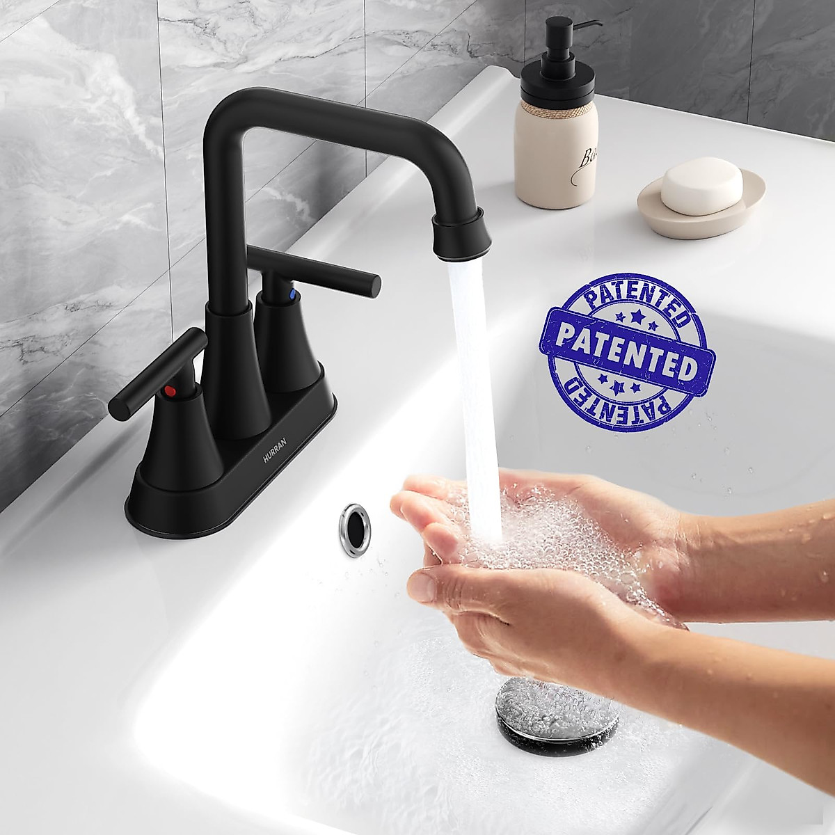 Matte Black Bathroom Sink Faucet, Hurran 4 inch Bathroom Faucets for Sink 3 Hole with Pop-up Drain and Supply Hoses, 360 Swivel Spout Centerset Faucet for Bathroom Sink Vanity RV Farmhouse, 2 Pack