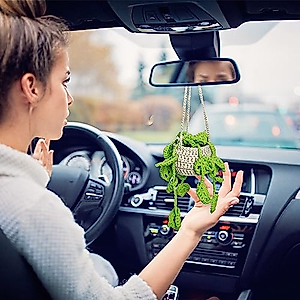 Crochet Hanging Plant for Car Cute Potted Plants Crochet Decor Car Mirror Hanging Accessories Rear View Ornament Hanging Boho Handmade Knitted Pendant (Light Green)