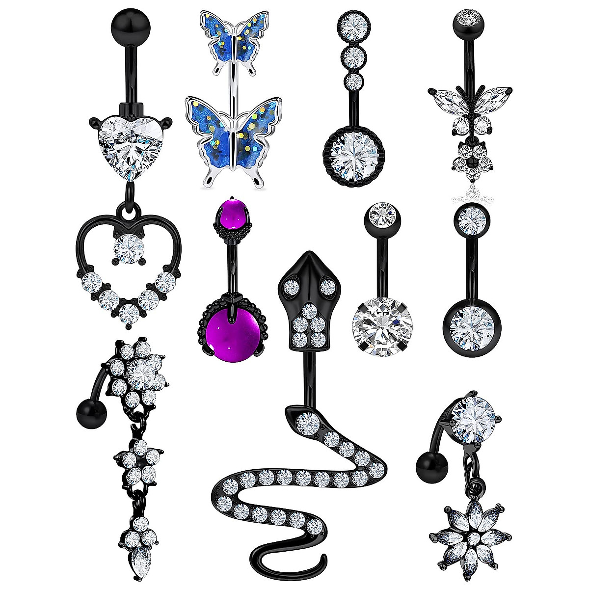 Eakxnig 14G Belly Button Ring Stainless steel Dangle Belly rings Snake Glow Dark Round Cubic Zirconia Navel Barbell Body Piercing Jewelry For Women 3/8inch 10mm silver,rose,purple,black men belly ring