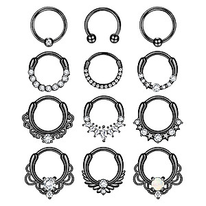 Ubjuliwa 12pcs Septum Jewelry 16g Daith Earrings Hinged Hoop Nose Rings Septum Clicker Cz Stainless Steel Cartilage Earring Helix Tragus Daith Piercing Jewelry 8mm Black