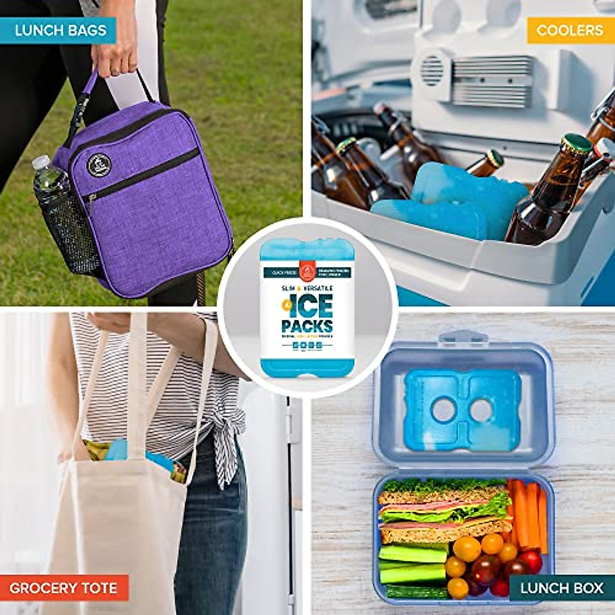 Healthy Packers Ice Packs for Coolers - Freezer Packs - Original Cool Pack | Cooler Accessories for the Beach, Camping and Fishing | Slim & Long-Lasting Reusable Ice Pack for Lunch Box (Set of 4)