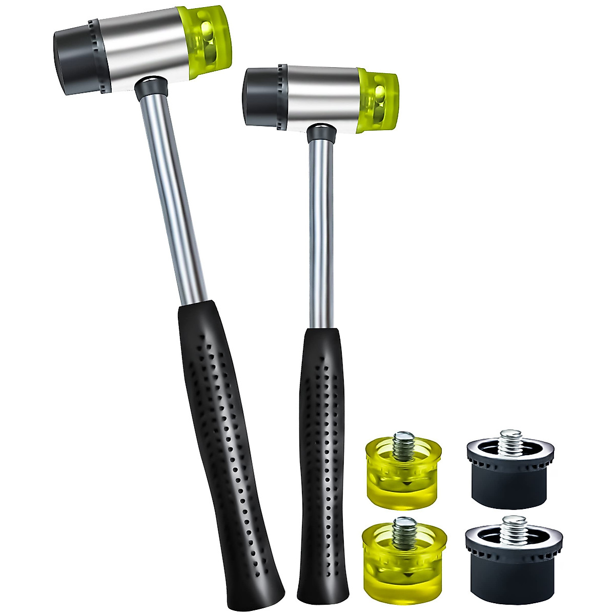 MotBach 2 Pack Double Head Plastic and Rubber Hammer, Double-Faced Soft Hammer(25mm and 35mm) with 4 Pcs Replacement Head(25mm and 35mm) for Jewelry, Leather Crafts, Wood, Flooring Installation