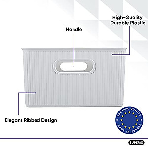 Superio Decorative Plastic Lidded Home Storage Bins Organizer Baskets, Large White Smoke (1 Pack - 15 Liter) Stackable Container Box, for Organizing Closet Shelves Drawer Shelf - Ribbed Collection