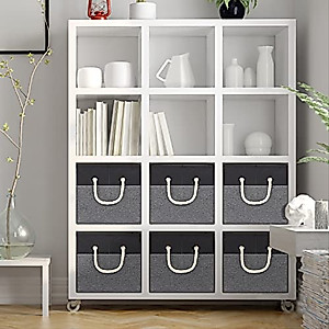 RVSNQ Large Fabric Storage Bins, Closet Storage Bins with Cotton Rope Handle and Label, Foldable Storage Boxes for Organizing, Storage Baskets for Shelves Bedroom Closet Office(3-Pack, Grey&Black)