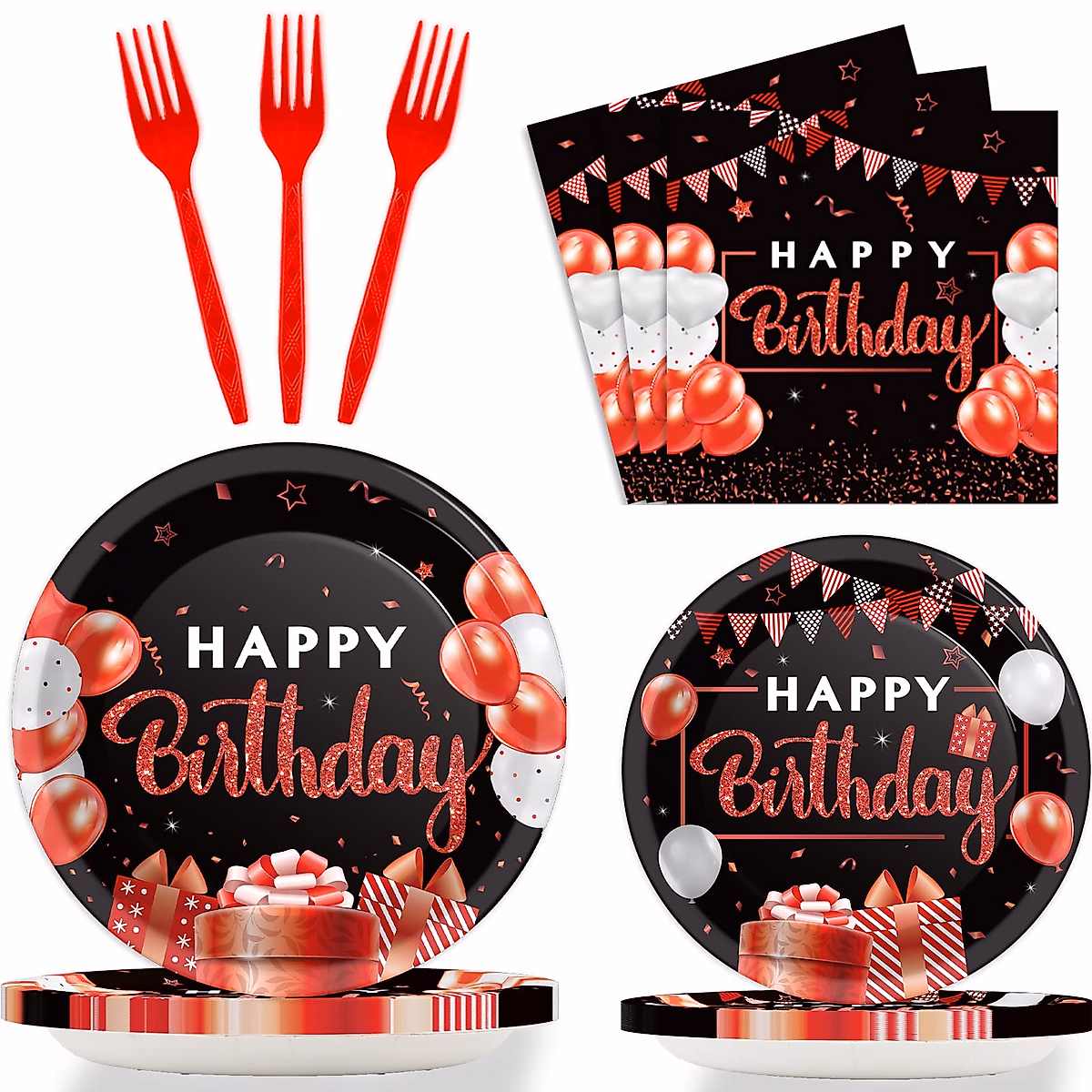 96 Pieces Red and Black Tableware Set Confetti Sprinkles Happy Birthday Party Decorations Table Decors for Men Women Plates Napkins Forks for 24 Guests