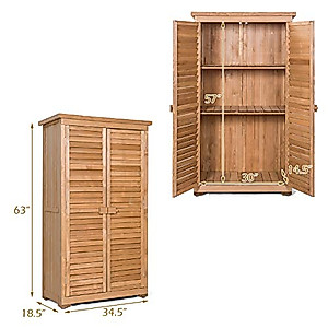 Safstar Outdoor Storage Shed, Wooden Tool Storage Shed w/ Detachable Shelves & Pitch Roof & Shutter Vents, Garden Storage Cabinet for Backyard Patio Deck Porch, 34.5”L x 18.5”W x 63”H, Natural