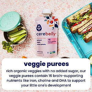 Cerebelly Baby Food Pouches – Spinach Apple Sweet Potato (4 oz, Pack of 6) - Toddler Snacks - 16 Brain-supporting Nutrients from Superfoods - Healthy Snacks, Gluten-Free, Non-GMO, No Added Sugar