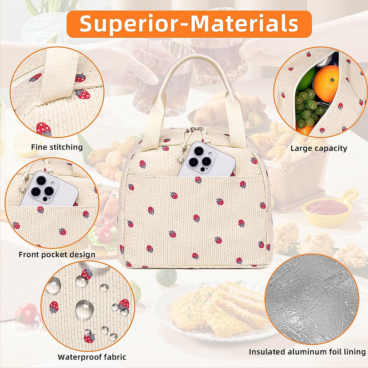 LEDAOU Lunch Box for Women Insulated Lunch Bag Corduroy Lunch Tote Bags Leakproof Cooler Lunch Case for Travel Work Picnic