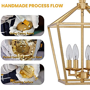 Untrammelife 4-Light Aged Gold Lantern Pendant Light, Adjustable Height Metal Geometric Light Fixture 12’’ Classic Cage Lantern Chandelier for Kitchen Island Hallway, Hand-Pasted Gold Foil Finish