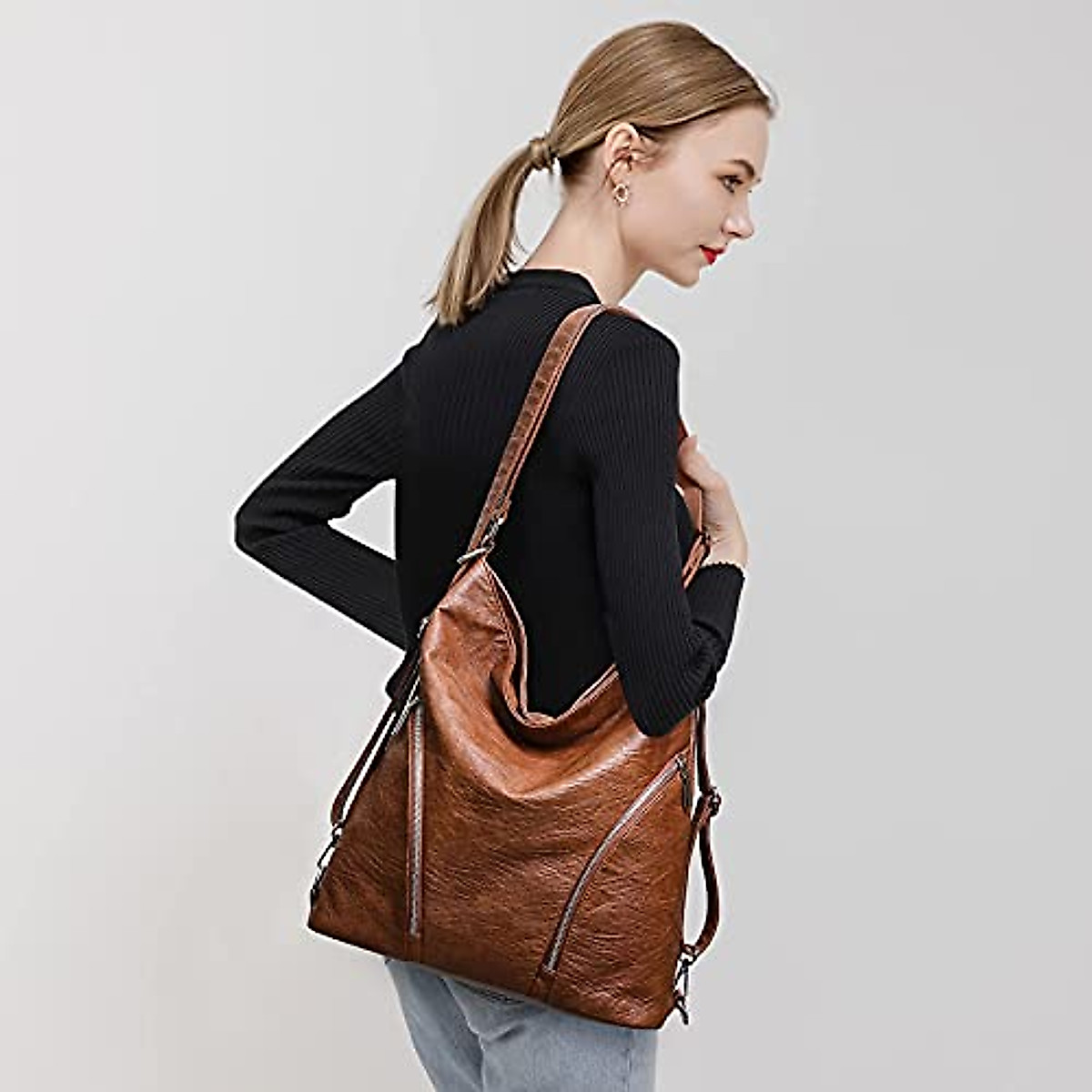 HARRELSA Large Convertible Bag Soft Leather Backpack Convert Strap Shoulder Bag for Women Big Hobo Handbag (Brown)