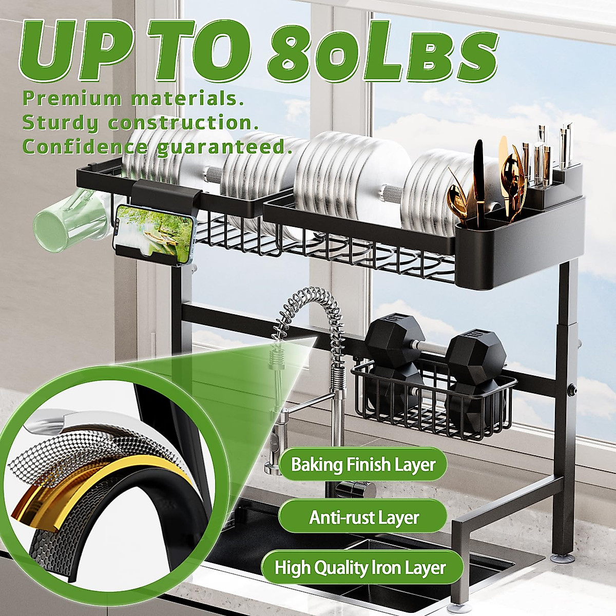 ilvvan Dish Rack Over The Sink Dish Drying Rack (Expandable Height and Length) Snap-On Design 2 Tier Large Dish Rack Stainless Steel (23" - 34" L x 11" W x 19" - 21.5" H)