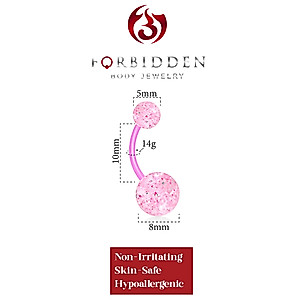 Forbidden Body Jewelry Belly Button Rings Metal Free Belly Ring Bioflex Barbell with Clear or Glitter Double Balls 14G (Pink Glitter)