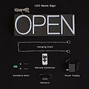 HiNeon White Neon Open Sign 20inx7in LED Open Sign w/Remote Controller, Electric Light Up Open Sign for Business Store, w/Hanging Chain for Shop Windows, Direct Plug-In w/ 12V Power Adapter