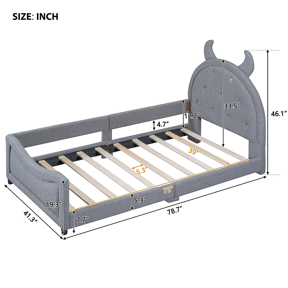 FANYHOME Twin Size Upholstered Daybed with OX Horn Shaped Headboard, Modern Low Profile Bed with Sturdy Wooden Slats Support, Wooden Daybed Frame for Living Room, Bedroom,Guest Room,Gray