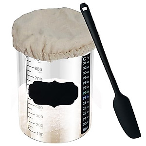 Ghojet 7Pcs Sourdough Starter Jar Kit with Scale 900ml Reusable Sourdough Starter Container with Bamboo Lid Multipurpose Wide Mouth Glass Sourdough Fermentation Jar for Sourdough Baking(Combination)