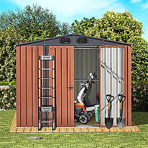 JAORD 8 x 6 FT Storage Shed, Outdoor Galvanized Steel Shed, Outside Garden Tool Storage House with Lockable Door for Patio, Backyard, Lawn Mower, Dark Brown…