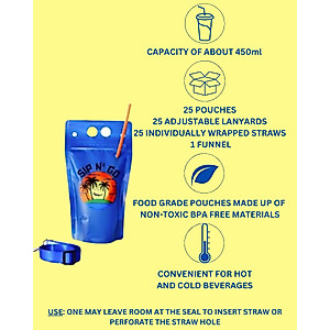 25 PCS Wearable Drink Pouches with Straw, Smoothies Bags, Heavy-Duty Stand Up Bags with Lanyard, Resealable and Reusable Pouches for Adults and Kids, Funnel Included (Blue)