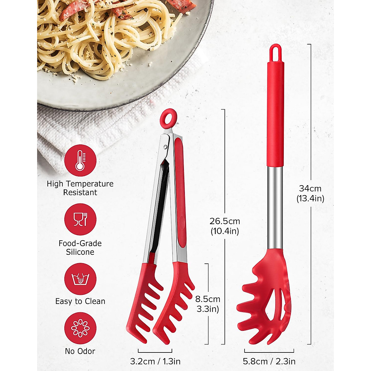 Spaghetti Spoon and Pasta Tong, Non-stick Silicone Spoon Server Fork with teeth and Stainless Steel Handle Spaghetti Tong, Food Clip for Spaghetti Noodle, Red