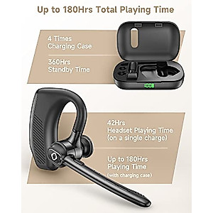 Bluetooth Headset Wireless Earpiece Noise Cancelling Microphone 180H Playback 1000mAh Wireless Charging Case Handsfree Earphones LED Display for iPhone iOS Android Cell Phones PC Computer Trucker Work