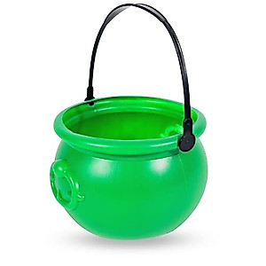8" St Patricks Day Pot of Gold Decorations Plastic, Green Pot of Gold Cauldron Plastic Bucket Decor for St Patricks Day Table Decorations, & Centerpiece by 4E's Novelty