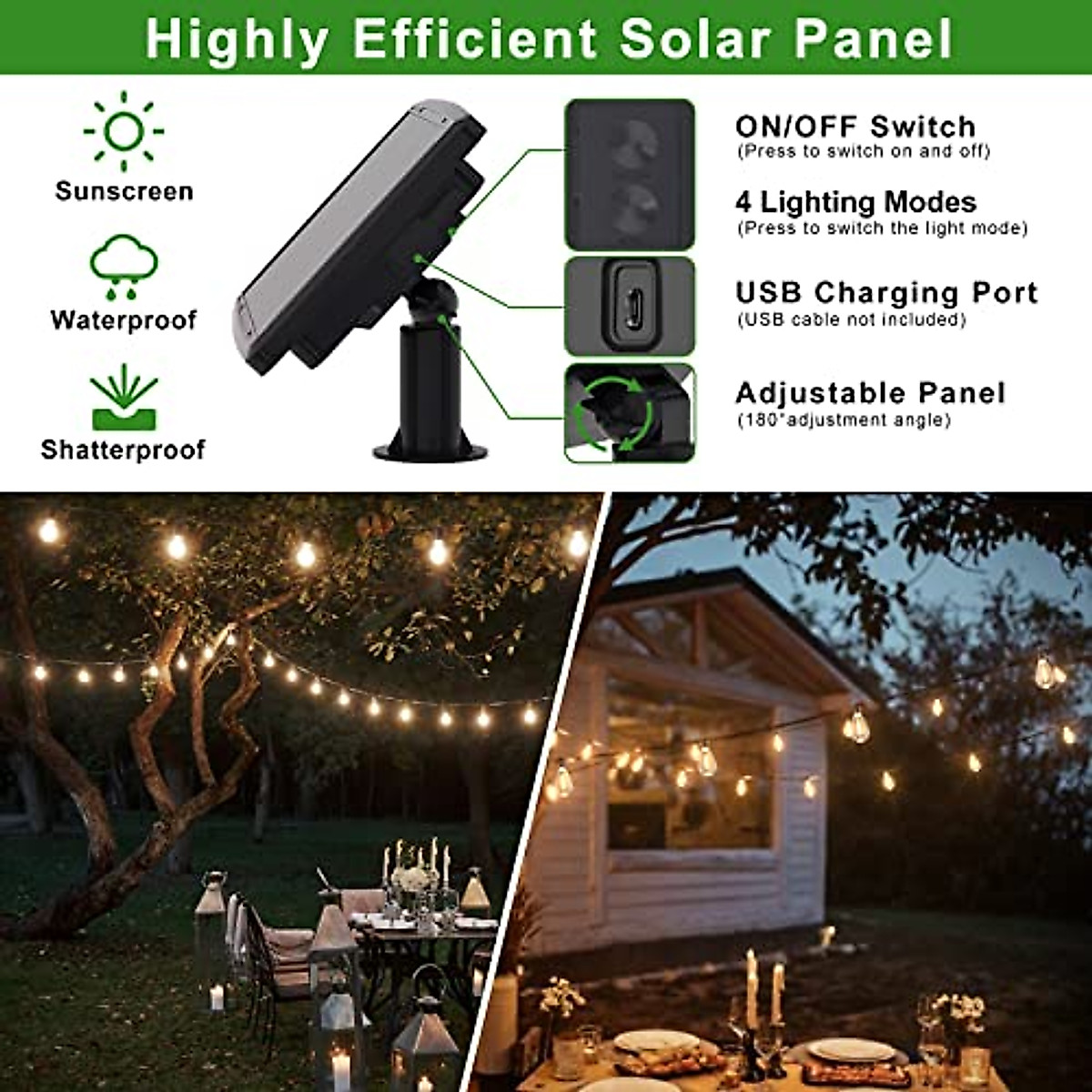 TJOY Solar String Lights Outdoor Patio Lights, 50ft Solar Powered Waterproof String Lights, 2700K Warm White Hanging Lights with 12pcs Shatterproof S14 E12 Bulbs for Patio, Backyard, Porch, Outdoors