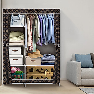 FUNFLOWERS Portable Wardrobe Storage Closet, Clothes Organizer with Non-Woven Fabric, Storage Shelves + Hanging Sections + Side Pockets, Durable & Easy to Assemble, 42" L x 18" W x 67" H, Black