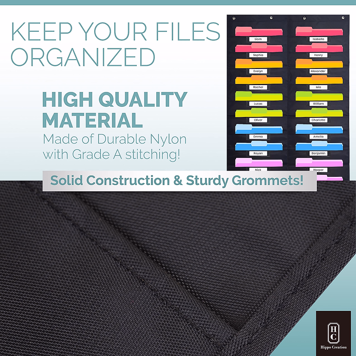 Hippo Creation Heavy Duty Storage Pocket Chart for Classroom, 20 Pocket Storage Organizer with 4 Over-Door Hangers, Hanging Wall Organizer for File Folders, School Mailbox, Home Office Papers - Black