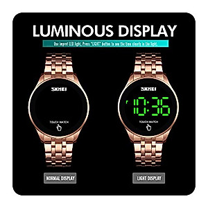 PASOY Touch Screen Digital LED Watch Green Highlight Backlight Stainless Steel WatchBand Waterproof Casual Sport Mens Womens Boys Watch (Gold)