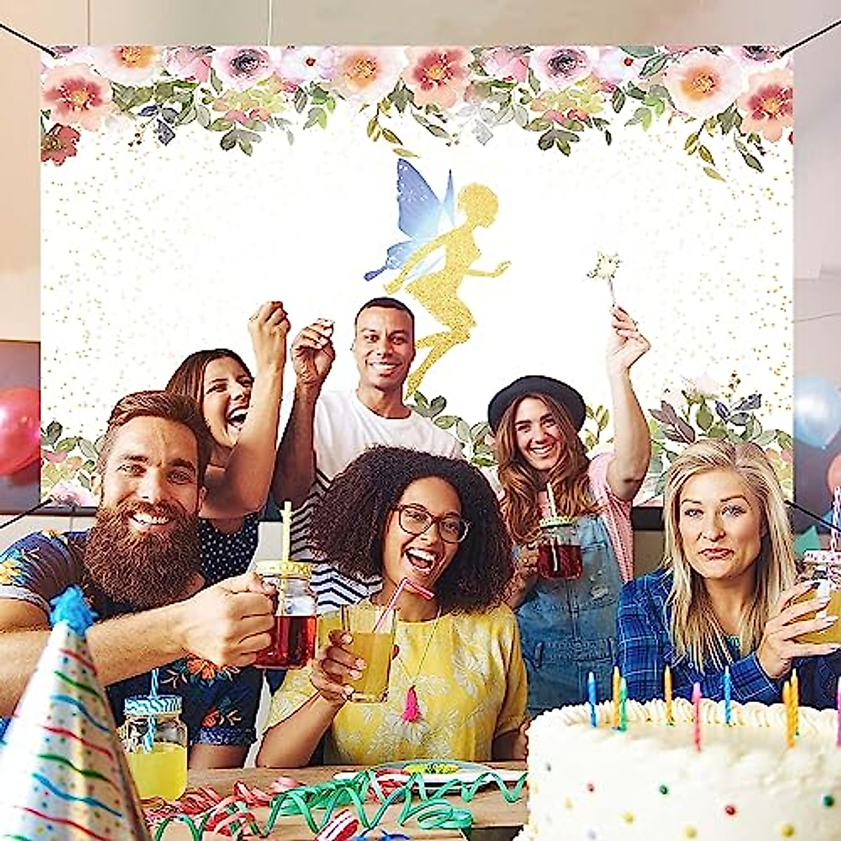 Floral Fairy Butterfly Photography Backdrops Girl Princess Wonderland Photo Background Spring Pink Gold Flower Princess Decor Happy Birthday Party Banner Baby Shower 71x44 inch Polyester Fabric