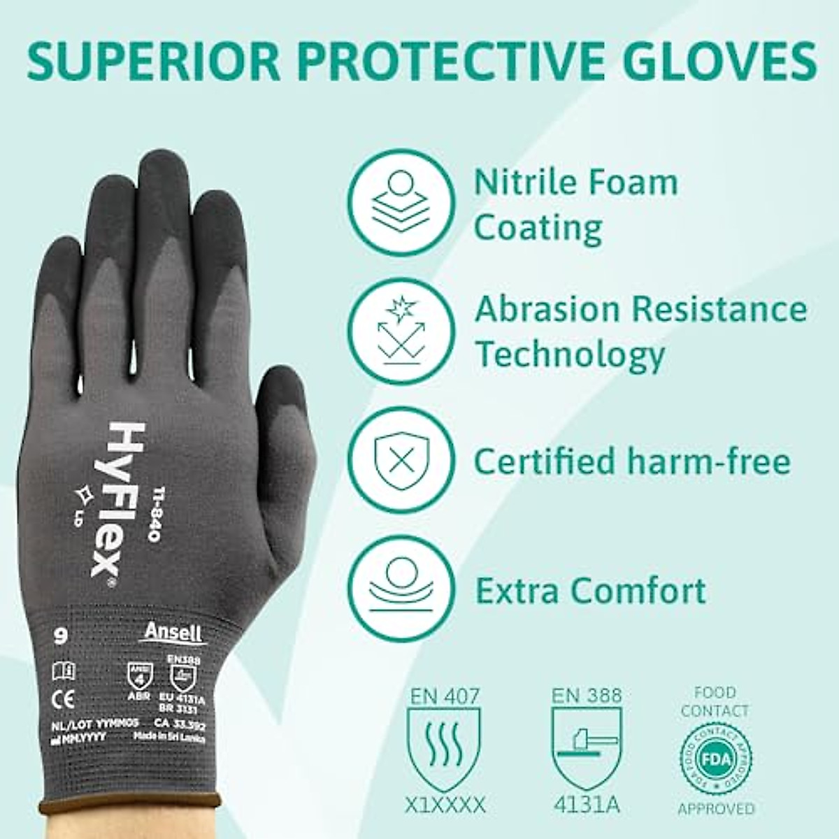 HyFlex 11-840 Ergonomic Abrasion-Resistant Nitrile Foam Industrial Gloves for Automotive, Fabrication, EMS, Utilities - Size 9, Black (12 Pairs)