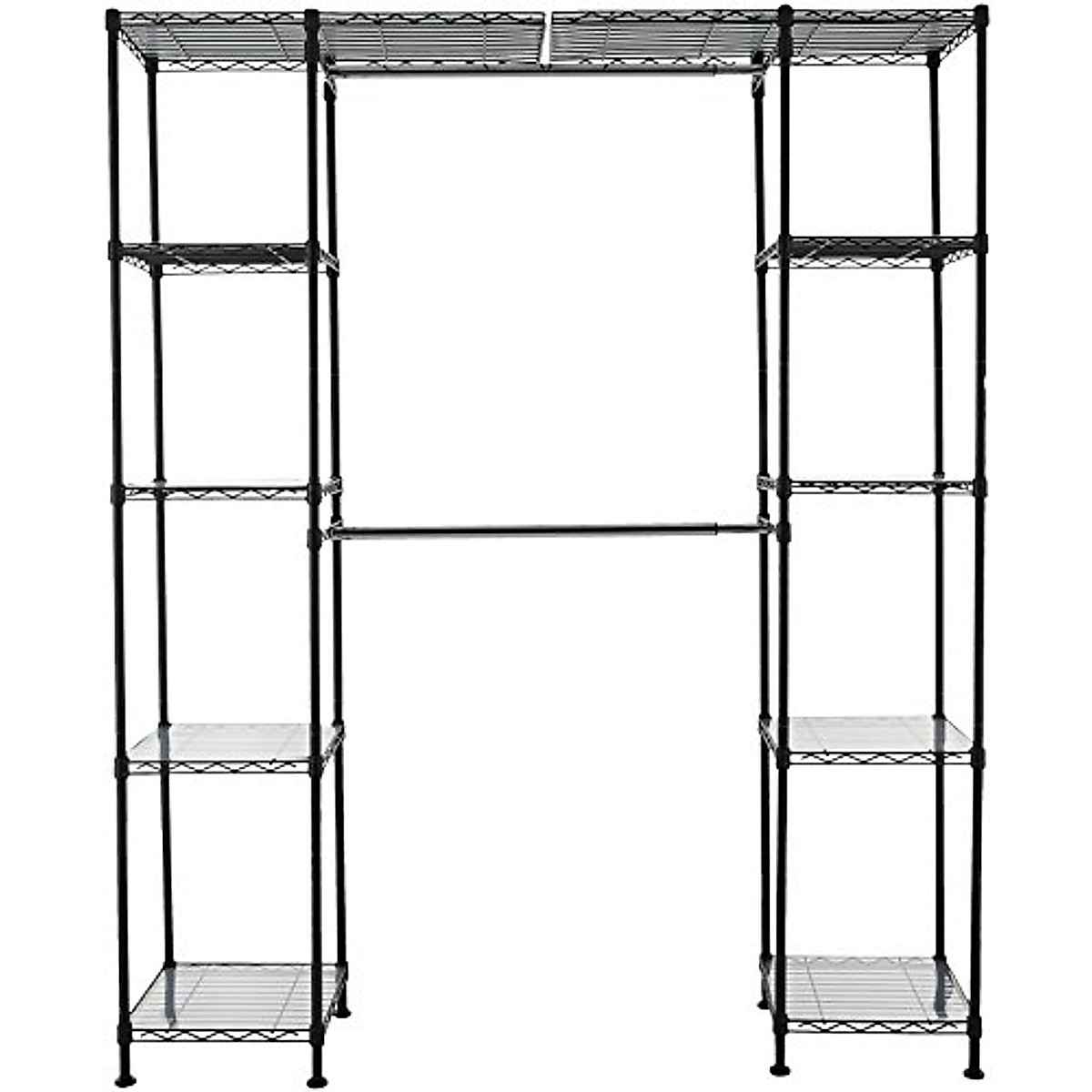 Amazon Basics Expandable Metal Hanging Storage Organizer Rack Wardrobe with Shelves, 14"-63" x 58"-72", Black & Amazon Basics Collapsible Fabric Storage Cubes Organizer with Handles, Black - Pack of 6