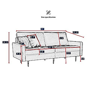 Danxee Velvet Fabric Sofa Couch 71" Wide Mid Century Modern Tufted Fabric Sofa Living Room Sofa 700lb Heavy Duty with 2 Pillows (Blue)