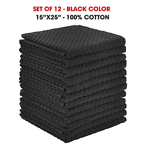 TALVANIA Kitchen Dish Towels, 100% Cotton Dish Cloths Dobby Weave, 12 Pack Soft and Absorbent Multipurpose Terry Towel Set, Hand Towel, Cleaning Cloth 15” X 25” Machine Washable Black