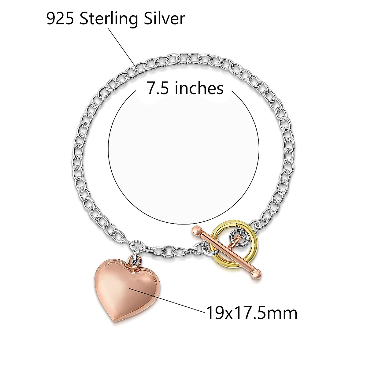 Savlano 925 Sterling Silver 14K Gold Plated Italian Toggle Heart Charm Bracelet Comes With Gift Box for Women - Made in Italy (Tri Color)
