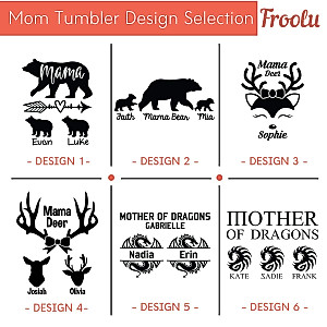 Froolu Personalized Tumblers Customized with Names - Travel Mug Gifts for Mom - Cute Mama Bear, Deer, Dragon Designs - Custom Coffee Cups Mother's Day, Christmas, Birthday Gift for Momma - Engraved
