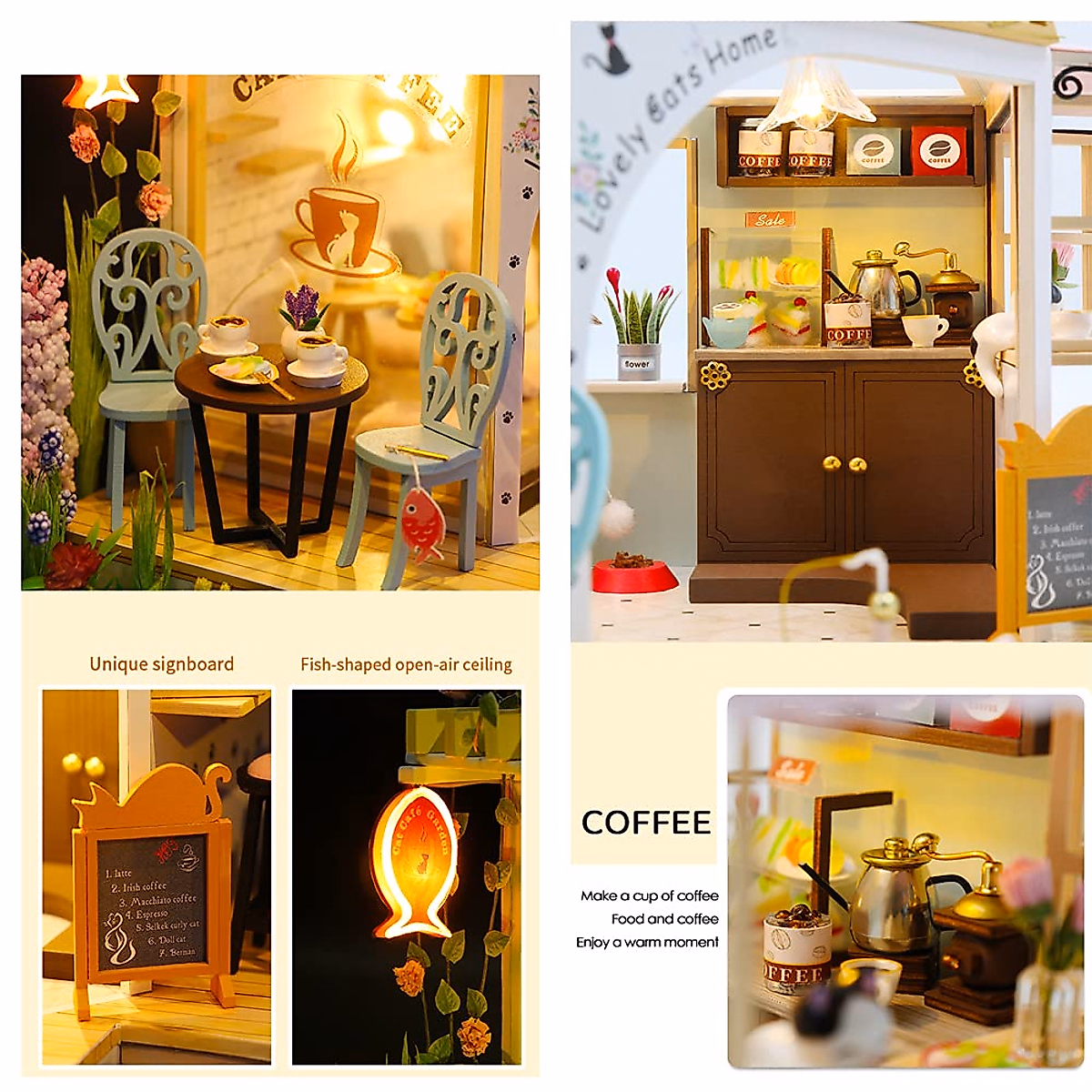Kisoy Dollhouse Miniature with Furniture Kit, Handmade DIY House Model for Teens Adult Gift (Cat Cafe Garden)